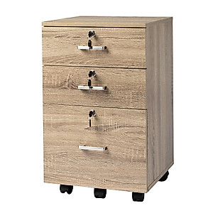VINGLI Mobile 3 Drawer File Cabinets for Under Desk, Wooden Filing Cabinets for Home Office, Printer Stand & File Cabinet with Lock, 26-in H(Caster Included), Oak