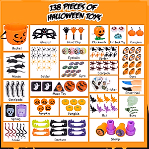 TOY Life Halloween Toys For Kid 138PCS Halloween Toys in Bulk, Halloween Goodie Bag Fillers for Kid, Halloween Prizes for Kid, Halloween Party Favors Halloween Pumpkin Buckets Non Candy Treat for Kid