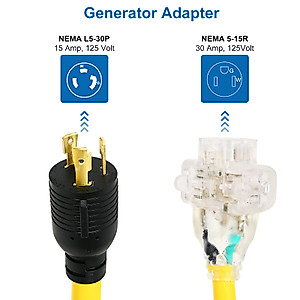 3FT NEMA L5-30P to (3) 5-15R, ZDHQLHJ Generator Power Extension Cord with LED Power Indicator, Heavy Duty 3 Prong 30 Amp L5-30P Male to 15 Amp 5-15R Female