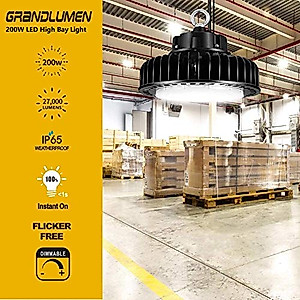 GRANDLUMEN 200W LED High Bay Light, ETL Certified LED Warehouse Lighting, 120-277V, IP65, Dimmable, 4 FT Cable, 5000K Daylight White