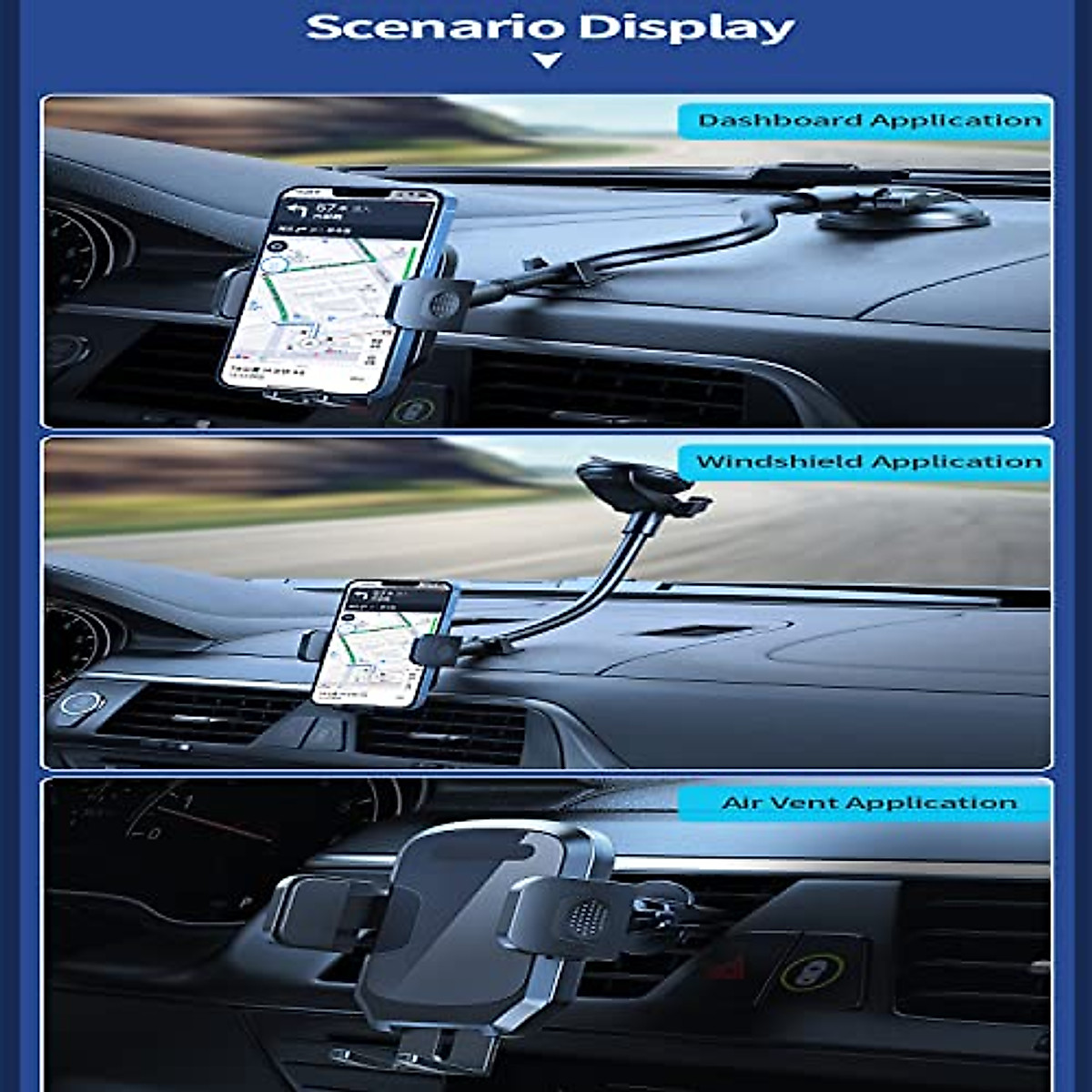 Car Phone Holder Mount,Dashboard/Windshield/Air Vent Cell Phone Holder,Gooseneck Long Arm Cradle Anti-Shake Handsfree Stand Compatible with iPhone and All Smart Phones,Universal 2 in 1 Phone Holder