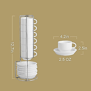 SWEEJAR Porcelain Espresso Cup & Saucer Set, Stackable Demitasse Cups with Metal Stand, 2.5 OZ for Latte,Coffee,Cafe Mocha,Tea, Set of 6(Multi)