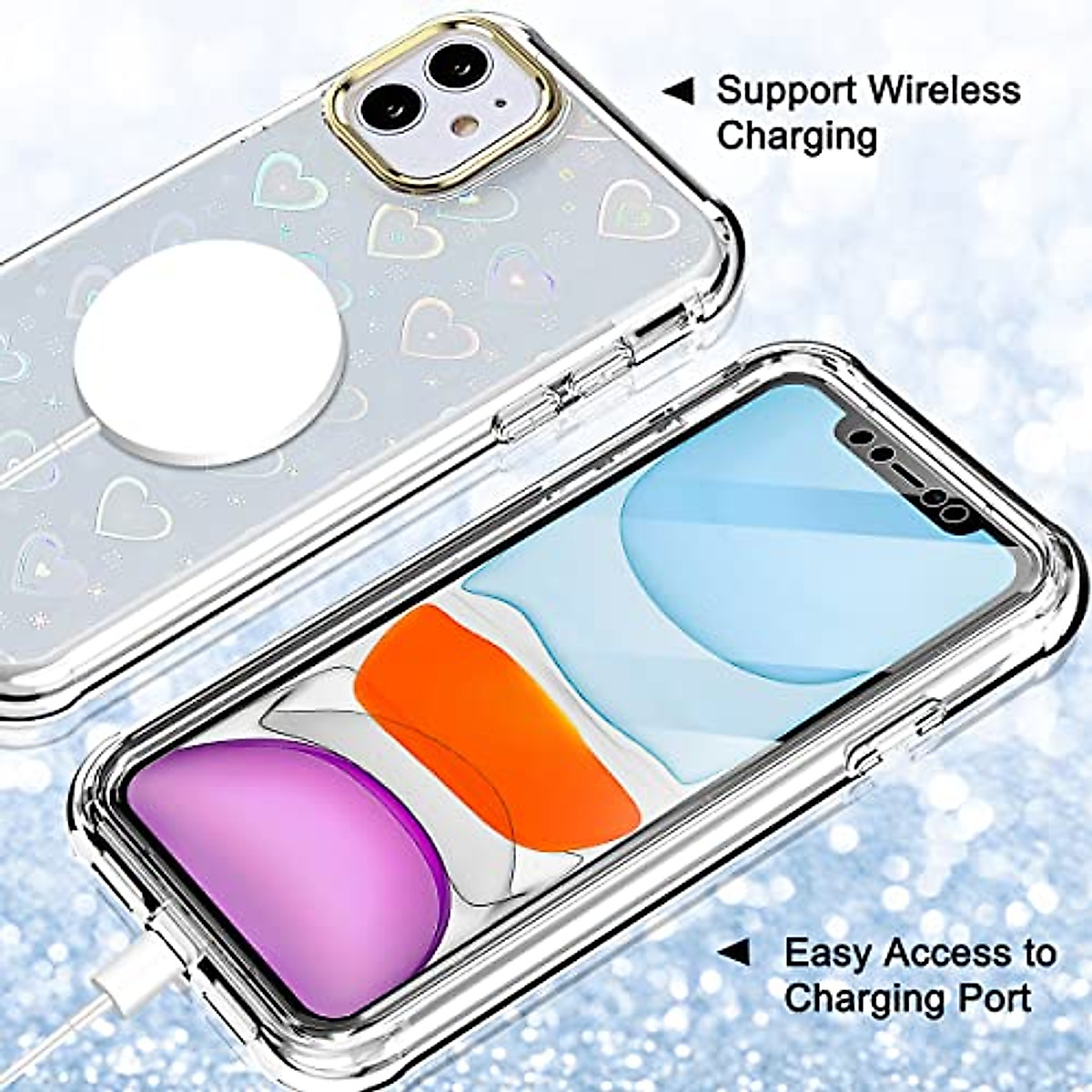 GAN Cheng Compatible with iPhone 11 Case 6.1" 2019 with Screen Protector, Shockproof TPU and Hard PC Cute Bling Glitter Sparkle Protective Case for Women & Girls - Clear Holographic Heart