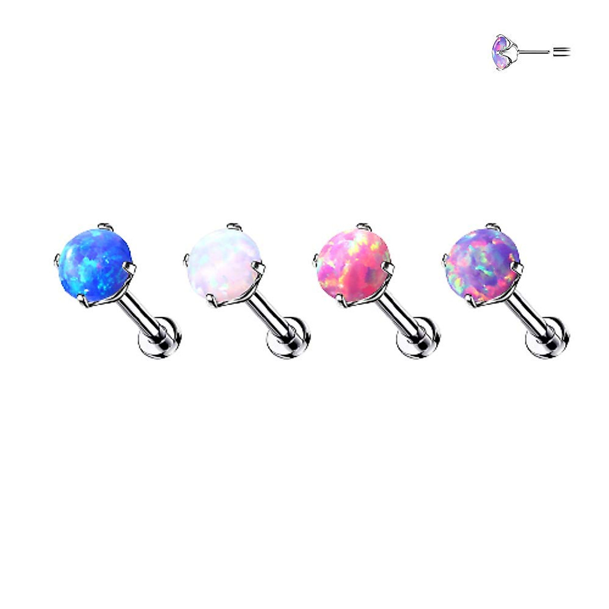 Pierced Owl 16-20GA G23 Implant Grade Titanium Threadless Push-in Prong Set Synthetic Opal Barbell Stud (White, 18GA / 3mm Ball)