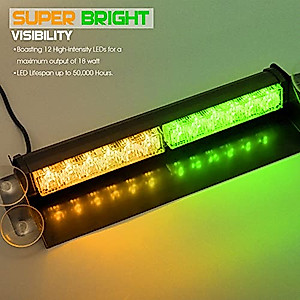 BooYu 14.8in LED Windshield Emergency Strobe Dash Light Bar 12/24V Interior Visor Deck Flashing Hazard Safety Warning Lights for Police Law Enforcement POV Trucks Vehicles [Amber/Green][12 LEDs][18W]