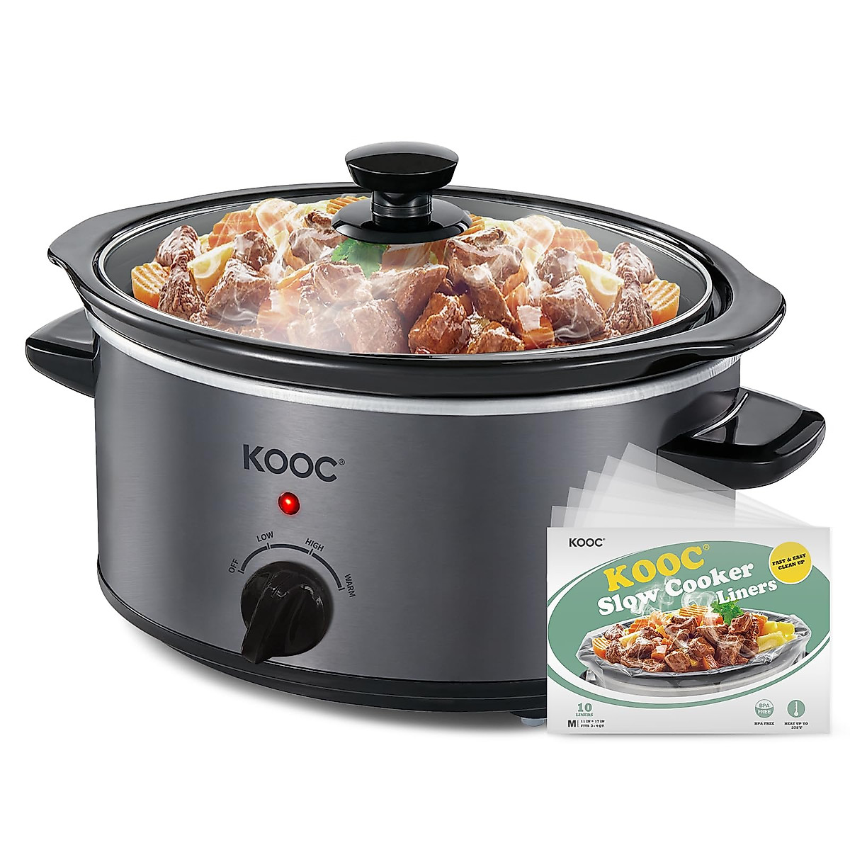 KOOC 4 Quart Slow Cooker, Free Liners Included for Easy Clean-up, 3 Temperature Settings, Dishwasher Safe Crock, Stainless Steel, GREY, Ellipse