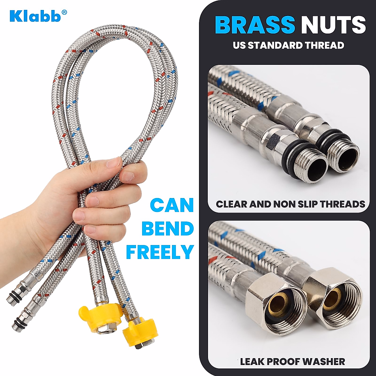 Klabb F18 32-Inch Long Bathroom Kitchen Faucet Connector Braided Stainless Steel Supply Hose 3/8-Inch Female Compression Thread x M10 Male Connector, x 2 Pcs (1 Pair)