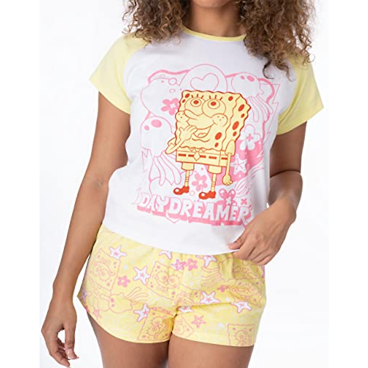 SpongeBob SquarePants Womens Pajama Set | Ladies Raglan T-Shirt & Yellow Elasticated Shorts | Daydreamer Coral & Jellyfish