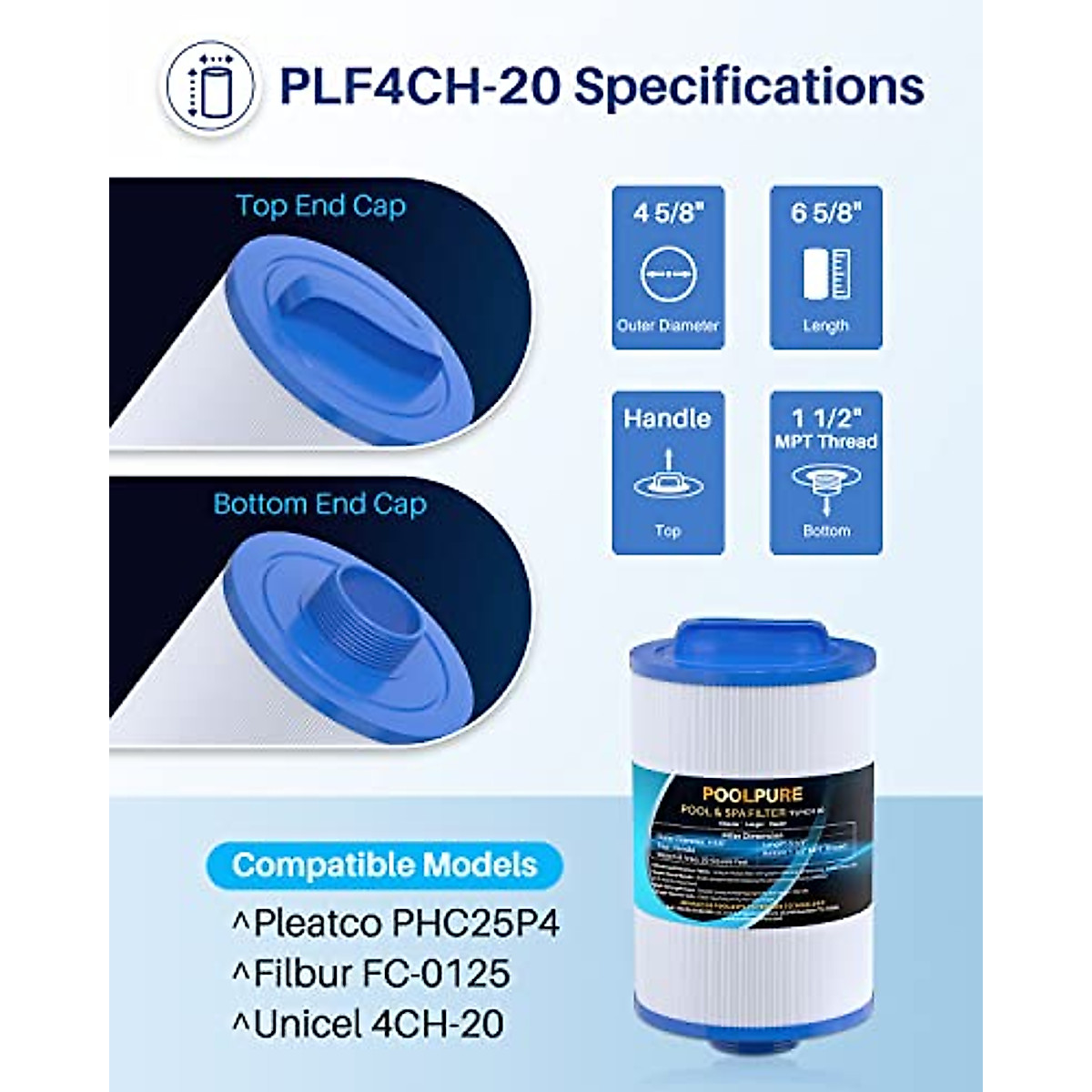 POOLPURE PLF4CH-20 Sap Filter Replaces PHC25P4, Unicel 4CH-20, Filbur FC-0125, 4CH-20, SD-01376, 20 Sq.ft Filter Cartridge 1PACK
