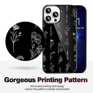 GULTMEE [3 in 1 Designed for iPhone 13 Pro Max Case Black Wildflowers Print Tire Texture Non-Slip Shockproof Protective Case Tempered Glass Screen Protector + Camera Lens Protector, 6.7 inch 2021