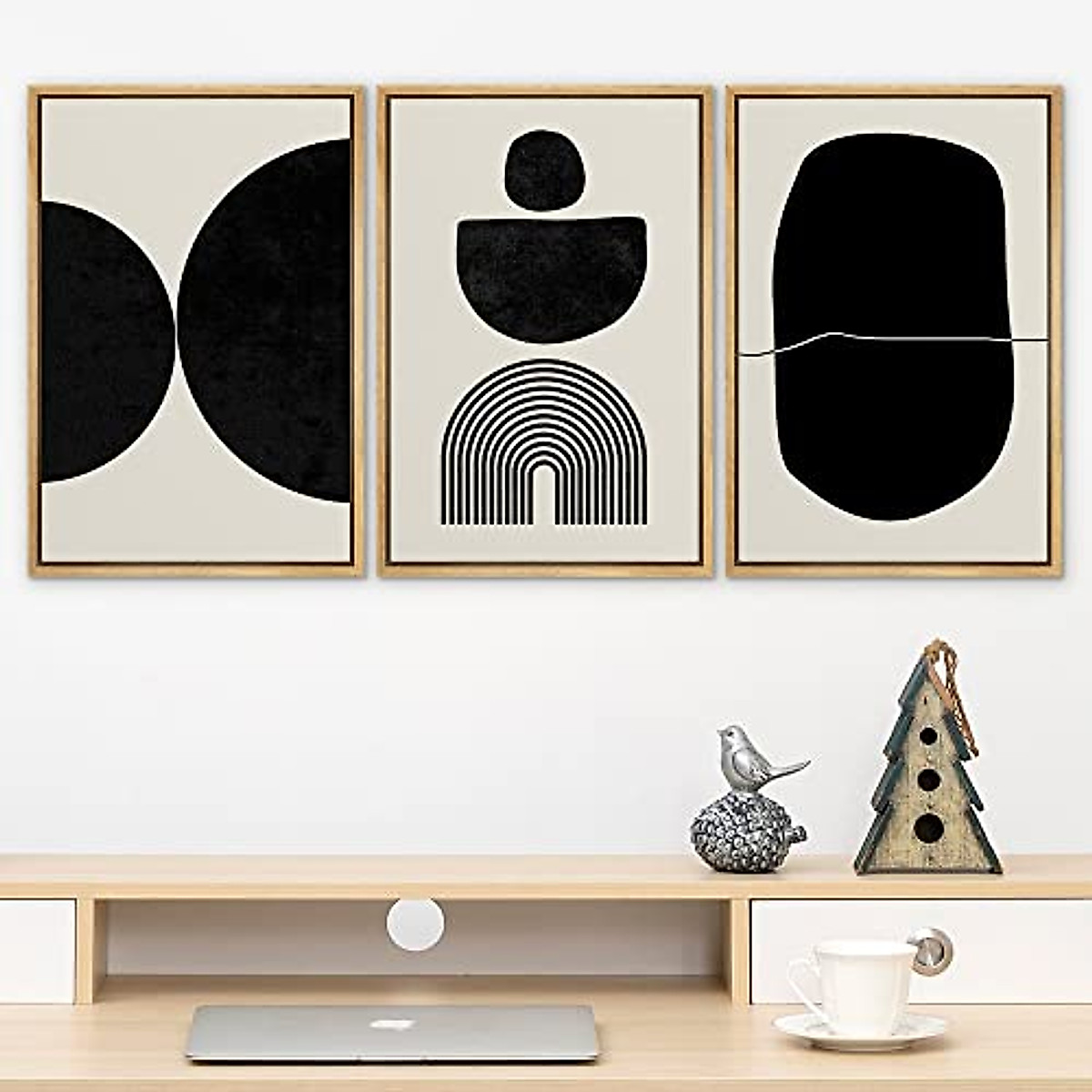 SIGNLEADER Framed Canvas Print Wall Art Set Array of Circles and Semi-Circles Abstract Shapes Illustrations Modern Art Minimalist Black and White for Living Room, Bedroom, Office - 16"x24"x3 NATURAL