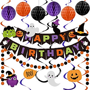 meowtastic Halloween Birthday Decorations - Happy Birthday Banner with Honeycomb Ball, Halloween Hanging Swirl Streamer, Circle Dot Garland Decorations - Halloween theme Birthday Party Decoration