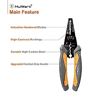 MulWark 8" Heavy Duty Multi-Purpose Electrical Wire Stripping Tool (22 AWG - 8 AWG) Strippers, Snips, Crimpers & Pliers Insulated with Cutter, Best Tool For Professional Electrician - Upgraded