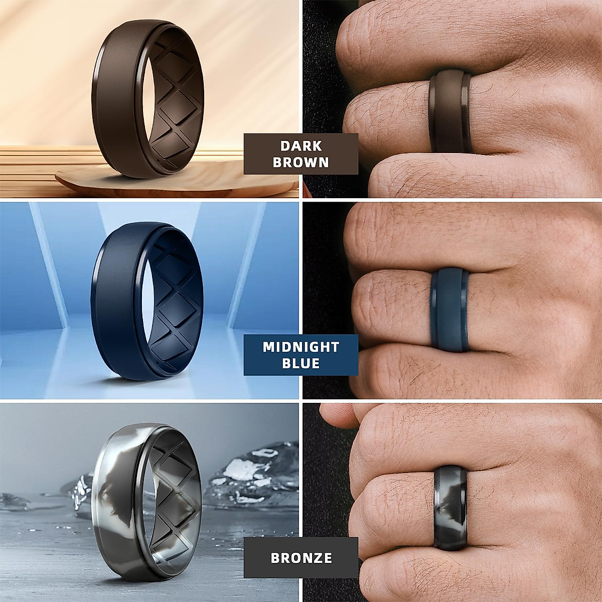 Egnaro Inner Arc Ergonomic Breathable Design, Silicone Rings Mens with Half Sizes, 7 Rings / 4 Rings / 1 Ring Rubber Wedding Bands, 10mm Wide-2.5mm Thick