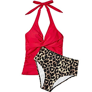 SUUKSESS Women Sexy Halter Tankini Bathing Suits Slimming Tummy Control High Waisted Swimsuits 2 Piece (Red Leopard, XL)