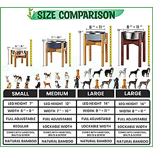 Dog Bowl Stand for Large Dogs - Height 14-inch, Adjustable, Lockable Width 8-11inches Wide - Food and Water Feeder Holder - Bamboo