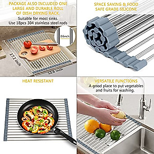 Over The Sink Dish Drying Rack Adjustable (25.5-31.5in) with Roll Up Dish Rack Over Sink, 2 Tier Stainless Steel Large Dish Drainer for Kitchen Counter Organizer Storage Space Saver with Utility Hooks