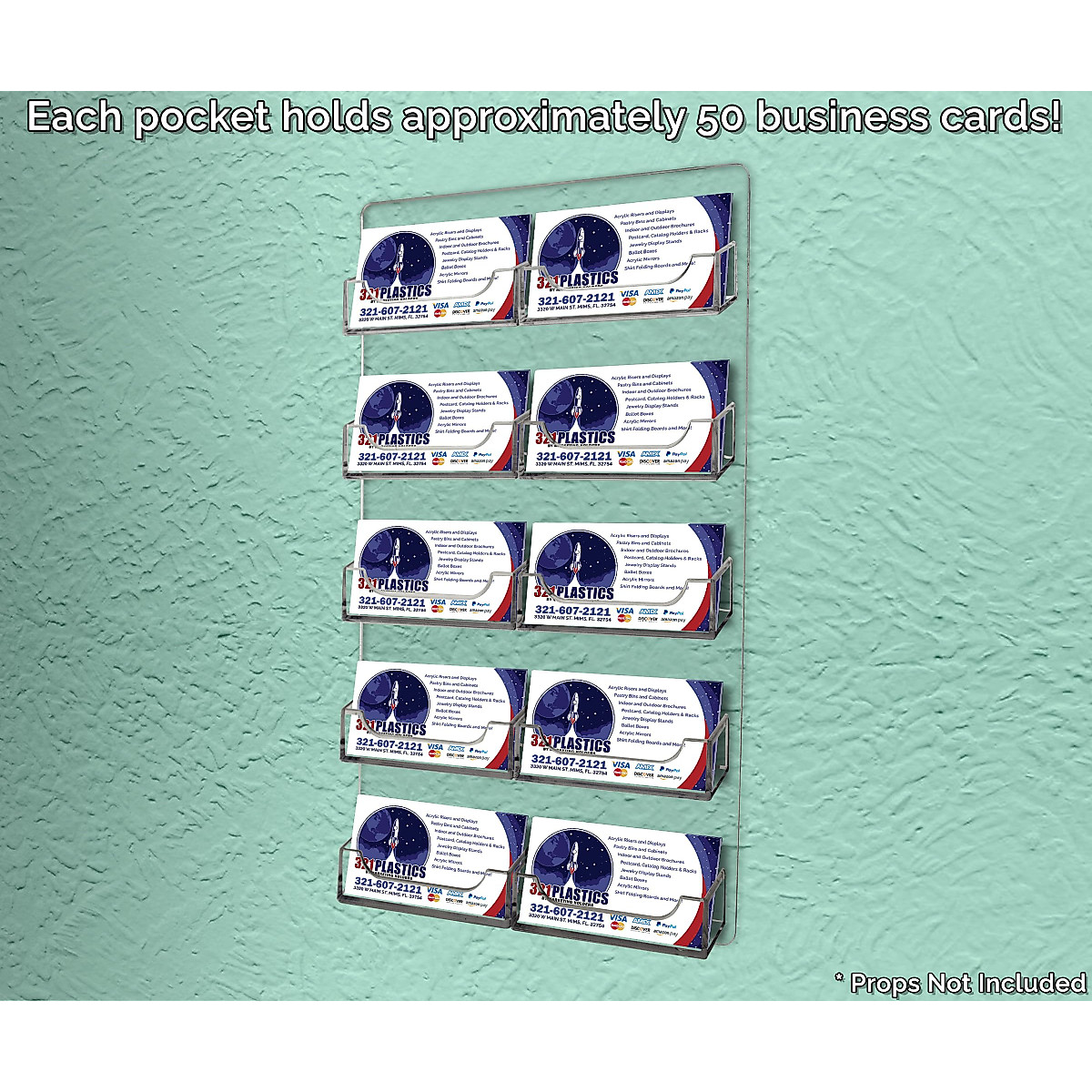 Marketing Holders Hanging Business Card Holder 10 Pocket with Hardware for 3.5" x 2" Contact Info Cards Multi Slot Space Saving Rack Wall Mount Organizer Clear Acrylic Display