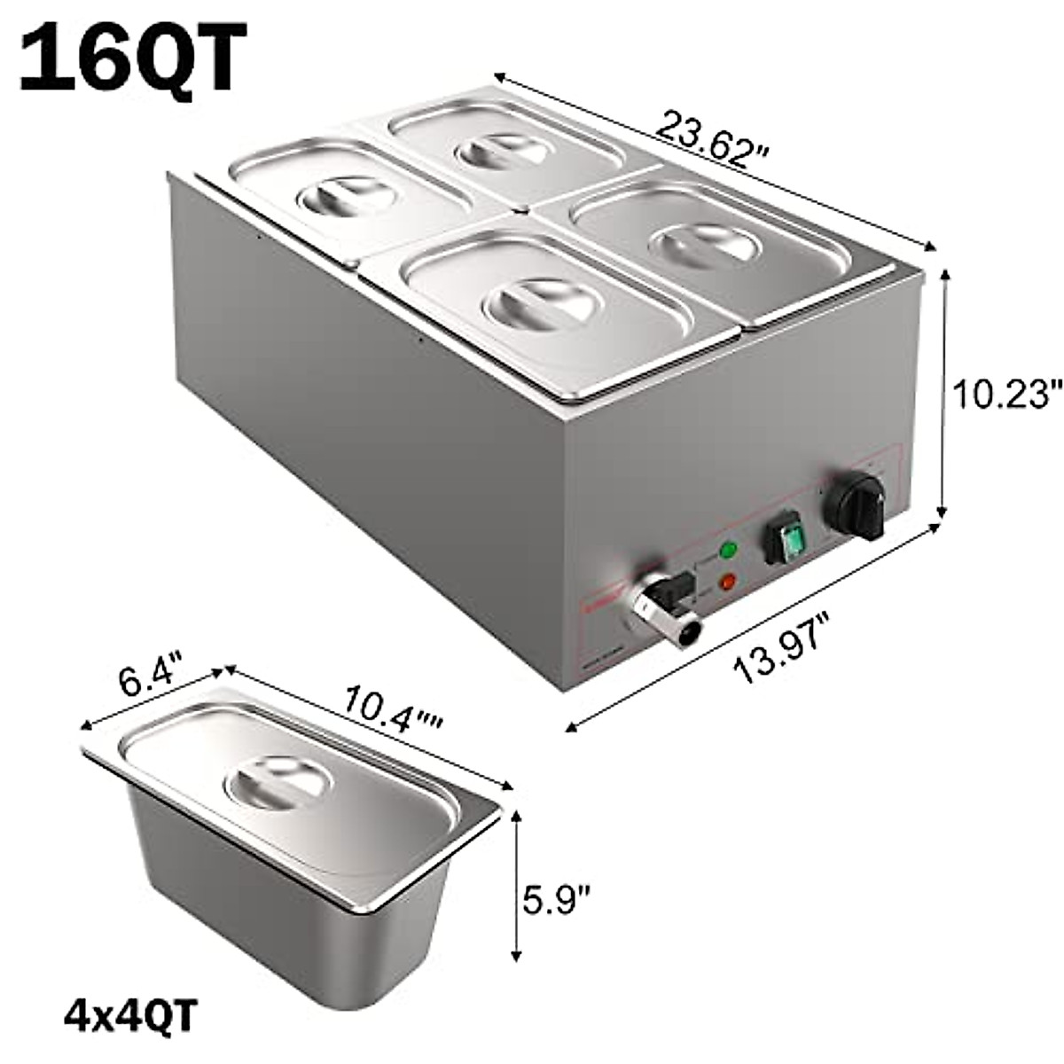 Valgus Commercial Stainless Steel 4 Sections Bain Marie Food Warmer 16 Qt Buffet Server with Lid and Tap for Home, Catering, Restaurants