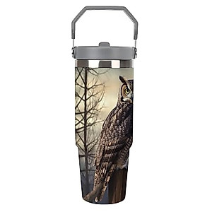 BWQJKUO Large Capacity Car Cup 30 Oz Stainless Steel Owl Sitting Tree Fence Printed Travel Mug Leak-proof Flip Straw Tumbler with Handle,keeps Cold Or Ho