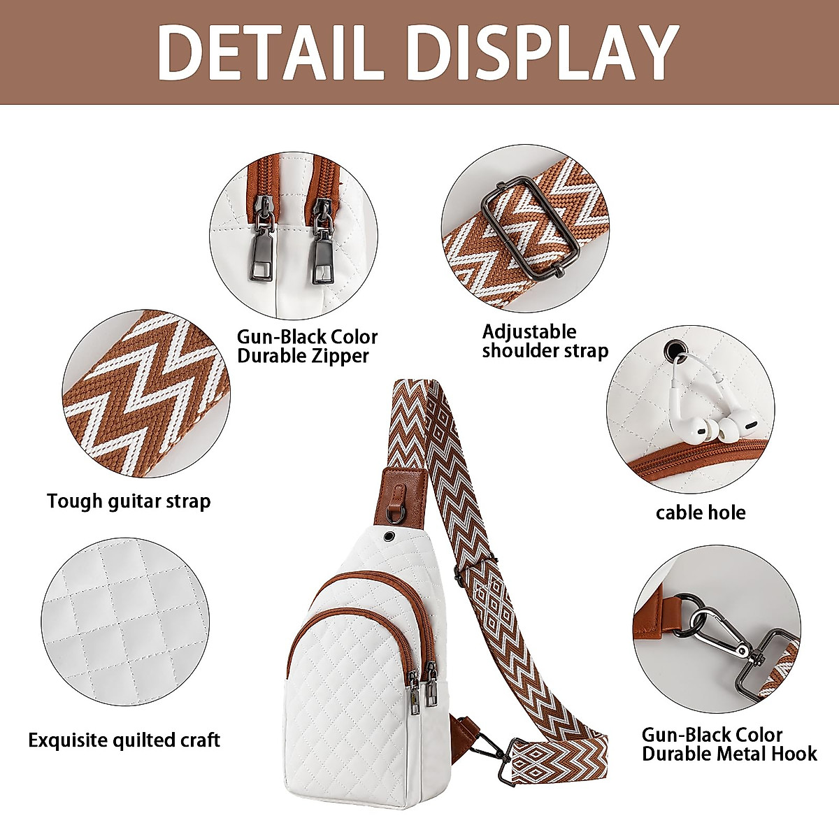 EMBRUNIOICE Sling Bag for Women Crossbody Purse, Vegan leather Crossbody Fanny Pack with Guitar Strap, Quilted Trendy Chest Bag for Women Travel(Cream with Brown)