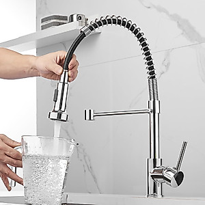 OWOFAN Spring Kitchen Sink Faucet Commercial Single Handle Single Lever Kitchen Faucet with Pull Down Sprayer, Polished Chrome Kitchen Faucets
