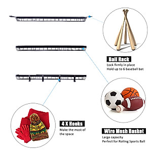 Mythinglogic Sports Equipment Storage Rack,Wall Mount Ball Storage Racks for garage, 3 Separate Ball Storage Organizer for Basketball, with Hooks