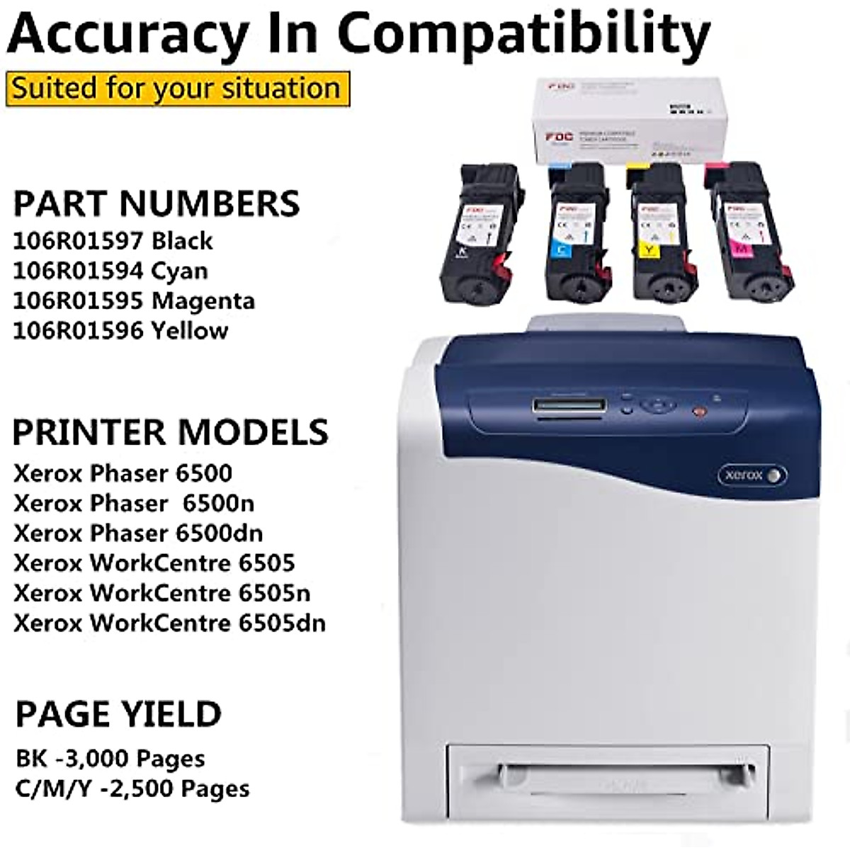FDC Compatible 106R01597 106R01594 106R01595 106R01596 Toner Cartridge Replacement for Xerox Phaser 6500 WorkCentre 6505 Printers (4 Colors)