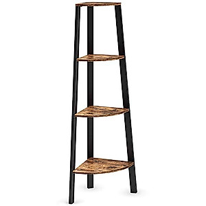 Ballucci Modern Corner Ladder Shelf, 4-Tier Corner Bookshelf Storage Rack & Plant Stand, Wood with Metal Frame - Rustic Brown