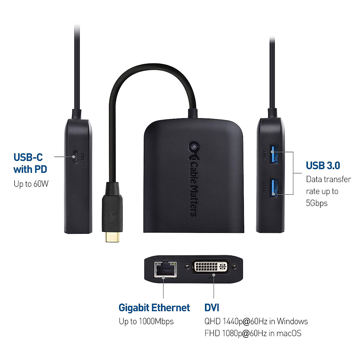 Cable Matters USB C Multiport Adapter (USB C Hub with DVI), 2X USB 3.0, Gigabit Ethernet, and 60W Charging - USB-C and Thunderbolt 4 / USB4 / Thunderbolt 3 Port Compatible with MacBook Pro, Dell XPS