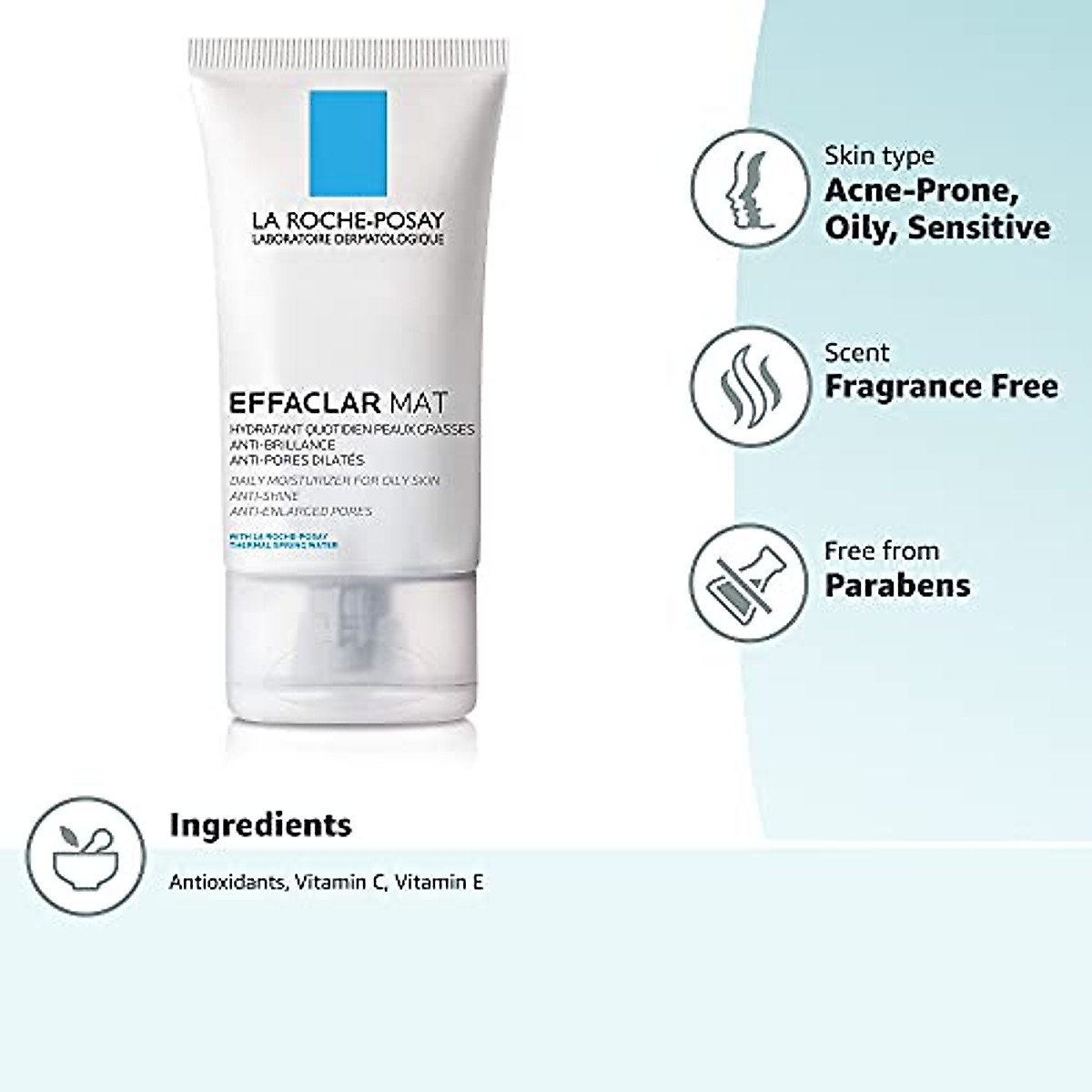 La Roche-Posay Effaclar Mat Oil-Free Mattifying Moisturizer for Face, Facial Moisturizer For Oily Skin, to Reduce Oil and Minimize Pores, Moisturizing Shine Control for Sensitive Skin
