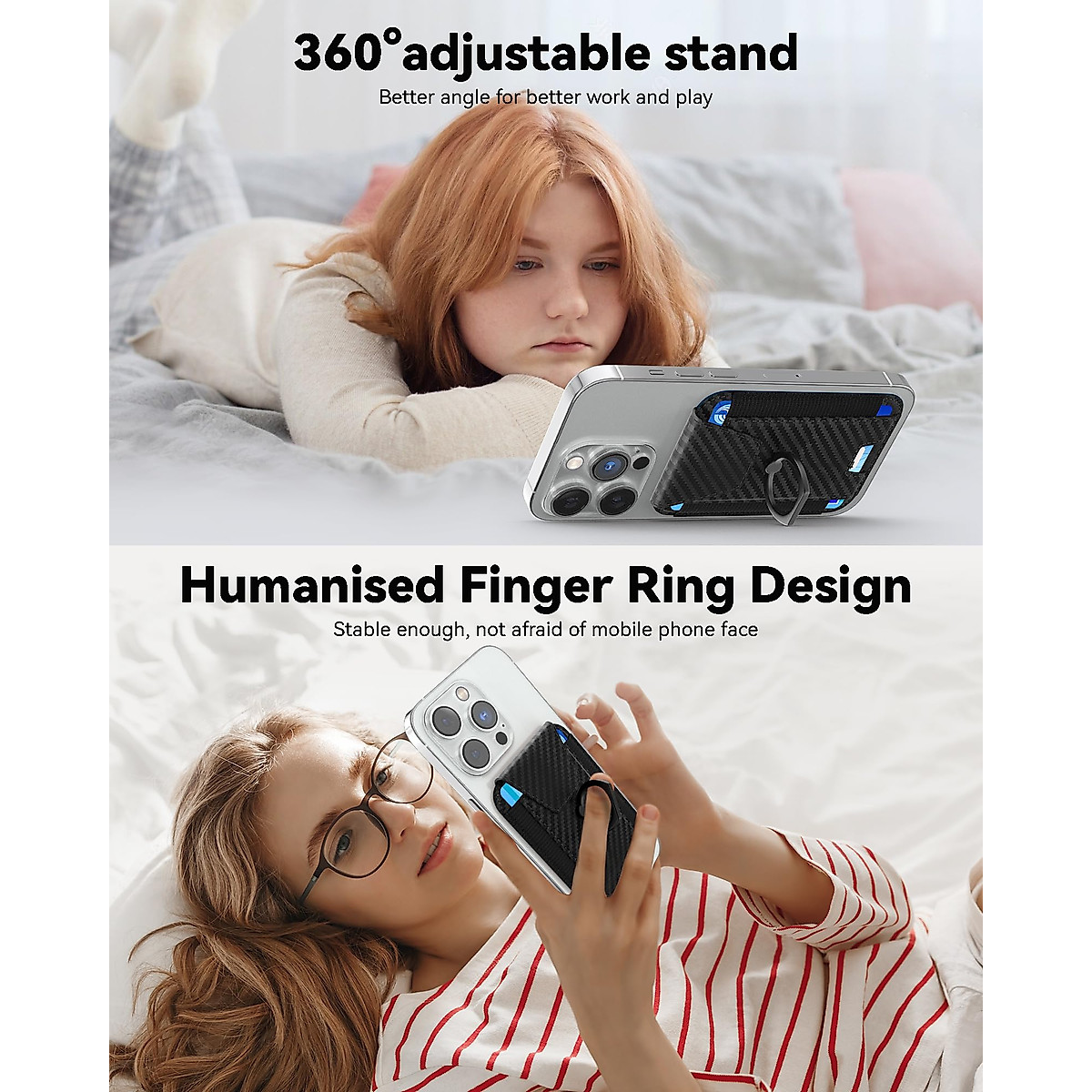 Amzone 3-in-1 Mag Safe Wallet, Leather Wallet with Phone Ring Stand, Mag Safe Wallet with Magnetic Flap for iPhone 15/14/13/12 Series, 7 Card Holder, Carbon Fibre Black