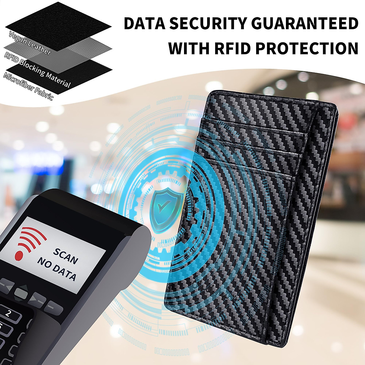 Chelmon Slim Wallet for Men, Minimalist Front Pocket RFID Blocking Faux Leather Slim Wallet Secure Credit Card Holder for Men (Black Carbon)