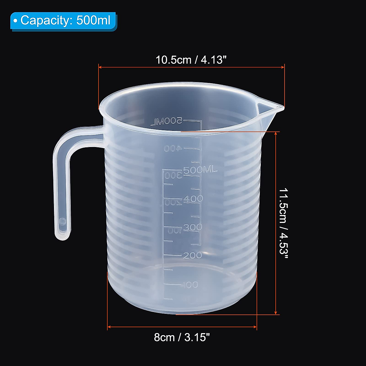 PATIKIL Graduated Beaker, 500ml PP Plastic Liquid Measuring Cup Double Sided Graduations with Handle Lid and Spout for Lab Kitchen Home