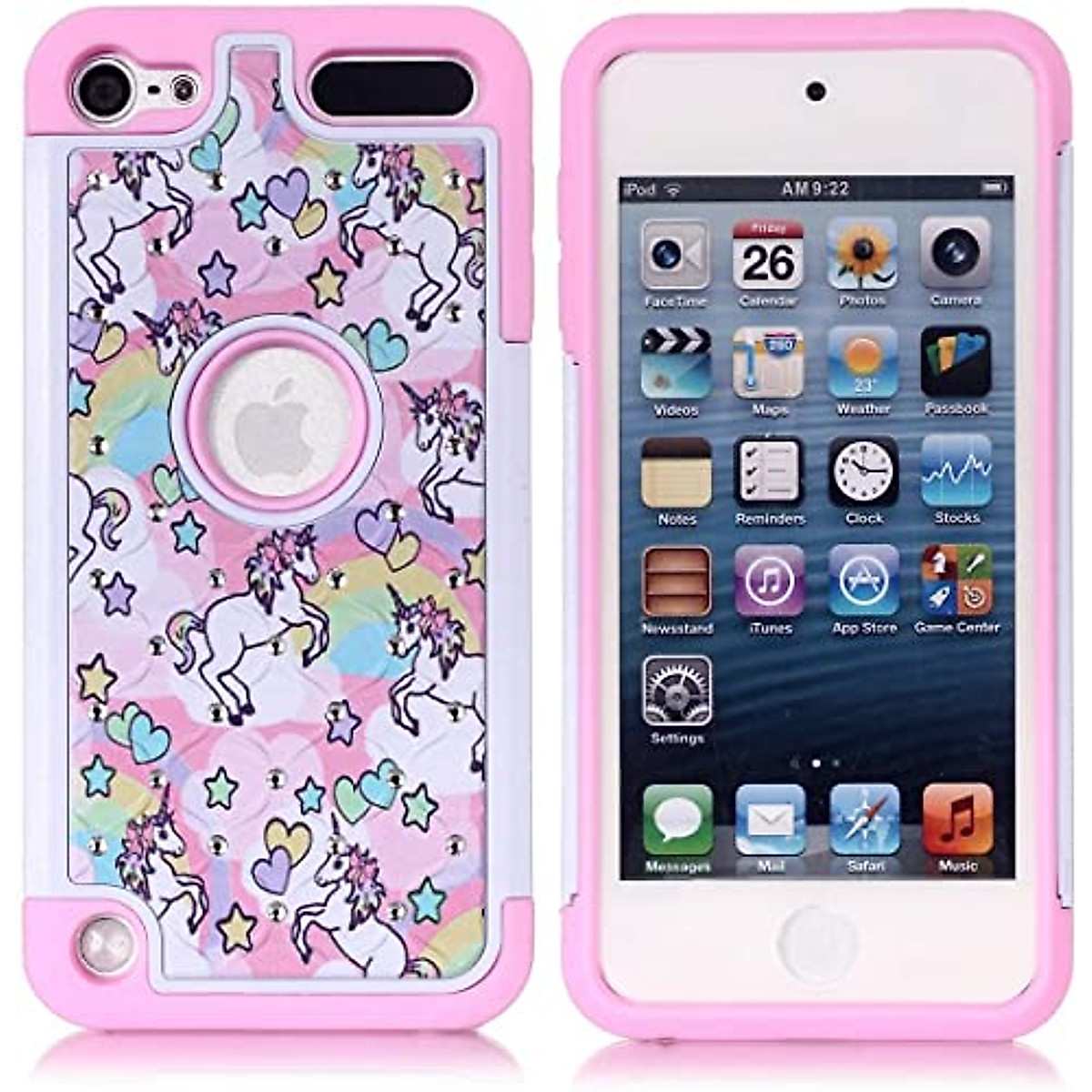 Apple iPod Touch 6,7th Case, iPod 7th Case, Rainbow Unicorn Pattern Shockproof Studded Rhinestone Crystal Bling Hybrid Case Silicone Protective Armor for Apple iPod Touch 6 7th Generation