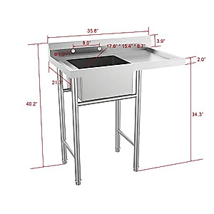 Bonnlo 304 Stainless Steel Utility Sink with Drainboard, One Compartment Workbench Sink Commercial Sink for Restaurant, Laundry Room, Backyard, Garages - Overall Size: 35.8" W x 21.3" D x 40.2" H