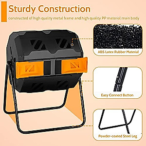 43 Gallon Compost Bin Outdoor Compost Tumbler Outdoor Composting Bin with Dual Chamber Sliding Doors, Tumbling Composter Outdoor, Manual Tiller Composters Tumbling or Rotating Outdoor