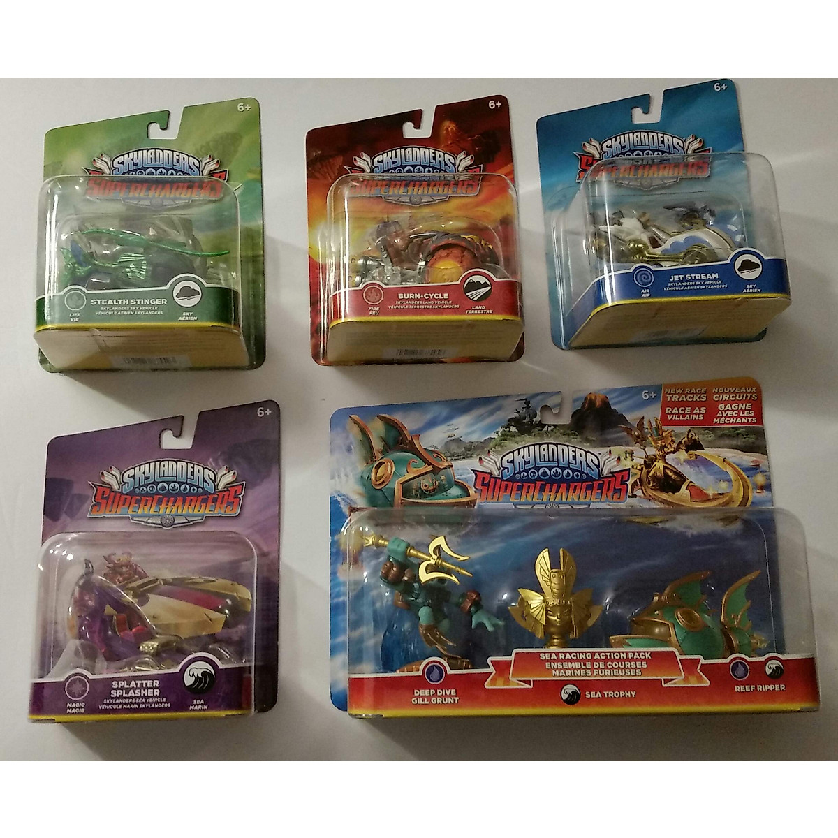 Skylanders SuperChargers 5 Pack Vehicle Starter Bundle! 5 Vehicles, 1 Trophy, 1 Character: Splatter Splasher , Burn-Cycle , Jet Stream ,Stealth Stinger and Deep Dive Gill Grunt, Reep Ripper Sea Trophy
