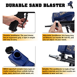 Sand Blaster Gun Kit for Air Compressor, Hand Held Sand Blaster for Metal Wood and Glass, Portable Sandblaster Rust Remover Pneumatic Up to 120 PSI, Soda Blaster Machine