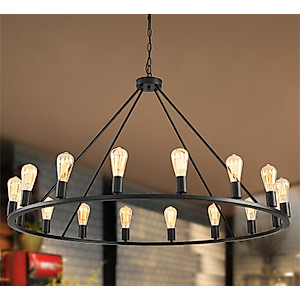Tefiohen 48" 16-Light Large Wagon Wheel Chandelier, Farmhouse Chandelier, Heights Adjustable Rustic Vintage Round Pendant Light Fixtures for Kitchen Island Dining Living Room Foyer Entryway, Black