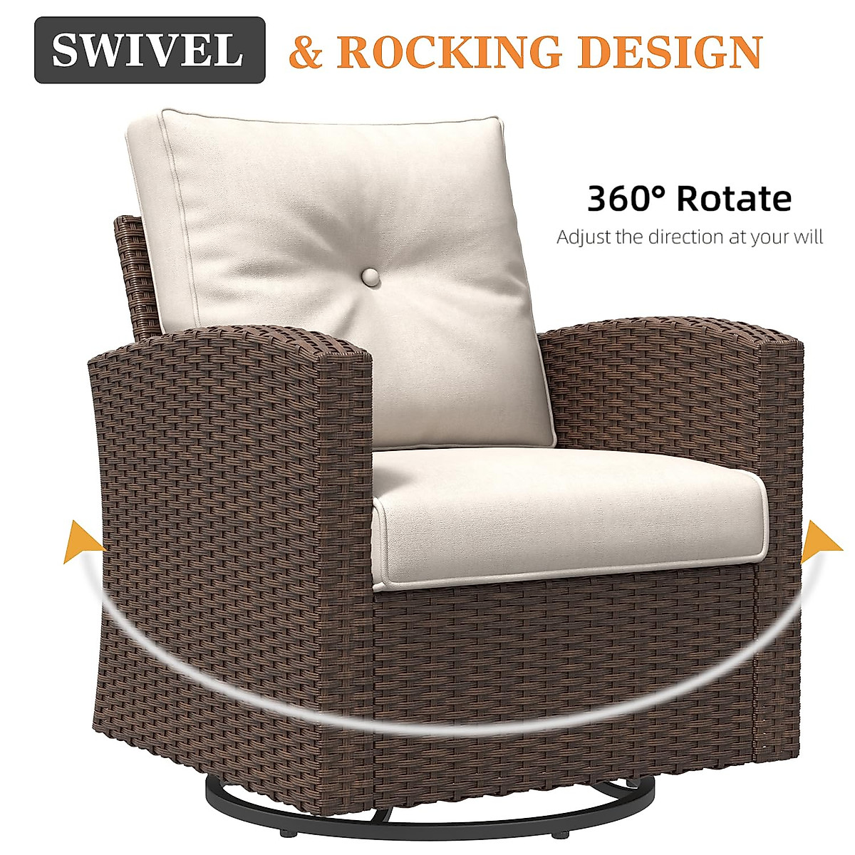 Vakollia 6 Pieces Patio Furniture Swivel Chairs Set with Fire Pit Table, Outdoor Wicker Glider Rocking Chairs with Sofa Set