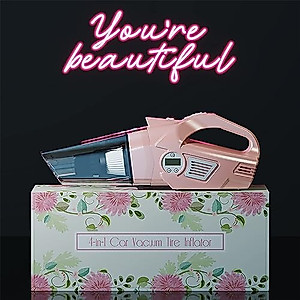 VARSK 4-in-1 Car Vacuum Cleaner High Power, Tire Inflator Portable Car Vacuum with Digital Tire Pressure Gauge LCD Display and Light, 12V DC, 15FT Cord, Pink Car Accessories for Women, Gifts for Her