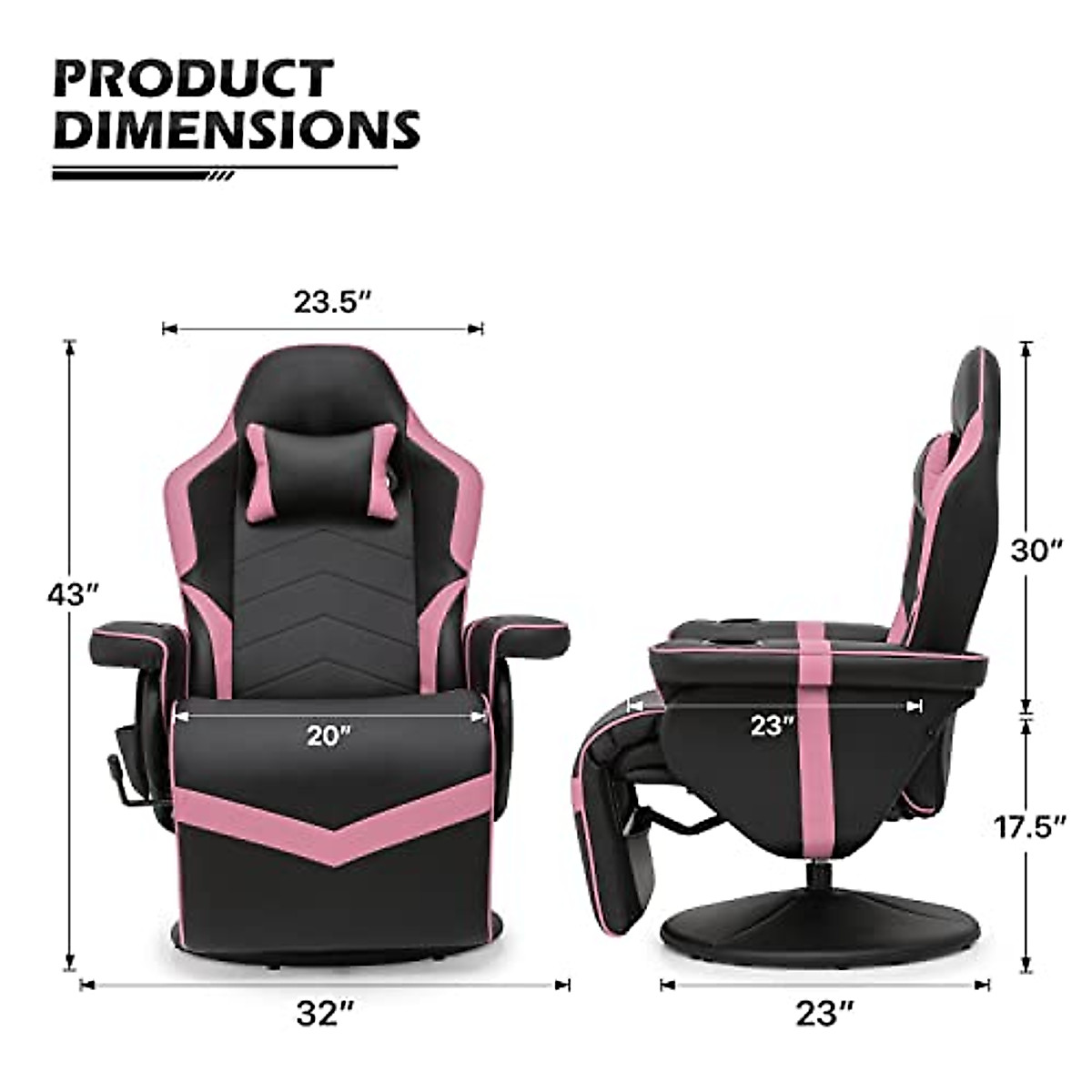 MoNiBloom Massage Gaming Recliner Chair with 2 Speakers Ergonomic Game Chair Neck Support and Widened Armrests with Built-in Cup Holders, Tilt & Swivel Comfortable Gaming Chair with Storage Bag, Pink