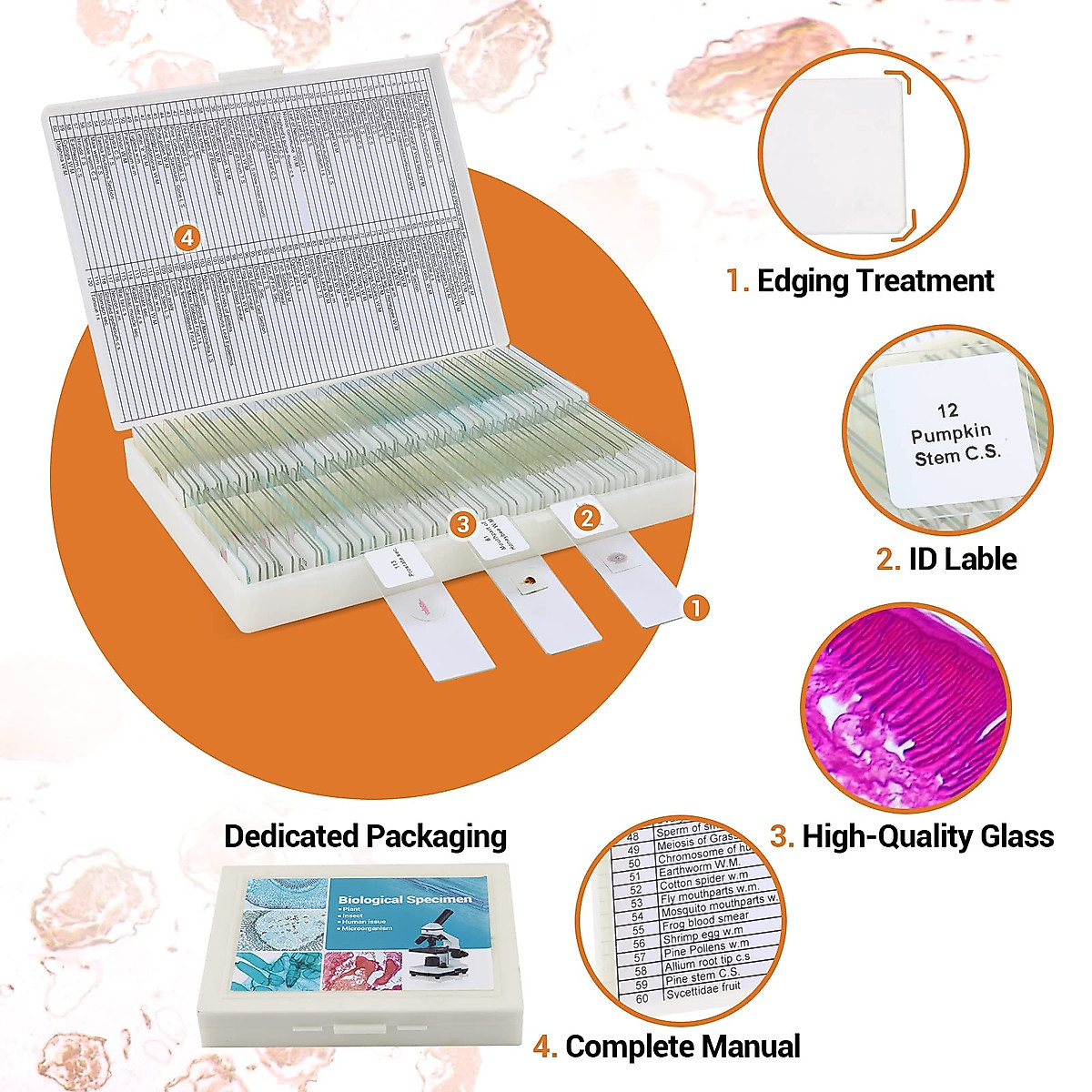 120 Prepared Microscope Slides for Kids & Students, Microscope Glass Slides Set Including Animal & Plant Specimens, Suitable for School and Home Education