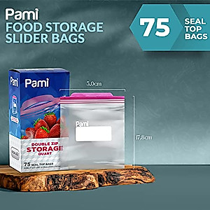 PAMI Double Zip Food Storage Quart Bags [75 Pieces] - Leakproof Freshness-Lock Bags With Expandable Bottom- Food-Safe Zipper Bags With Write On Label- Thick & Reusable Sandwich Bags