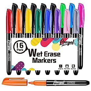 Wet Erase Markers, Lazgol Bulk Pack of 16 (12 Vibrant Colors) Fine Tip Overhead Transparency Smudge Free Markers for Dry Erase Whiteboard, Refrigerator Calendars, Glass, Films and Any Kind of Wet Erase Surface, Erase with Water