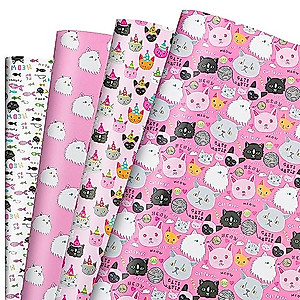 Dtiafu Cat Wrapping Paper for Girls Kids Women - 12 Sheets Pink White Gift Wrap with Cat Fish Patterns for Birthday Baby Shower Cat Party - 20 x 28inch Per Sheet