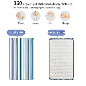 Striped Themed Fitted Mini Crib Sheets,Portable Mini Crib Sheets Soft Toddler Mattress Sheet Fitted-Crib Mattress Sheet or Toddler Bed Sheet,24“ x38“,Blue Lavender Cream