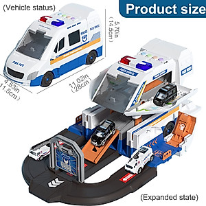 BBnote Ambulance Toy for Kids, Police Car Toy in 2 Modes - Car Mode or Track Mode, Car Garage Toys with 4 Die Cast Mini Cars