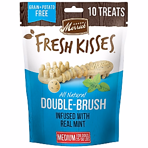 Merrick Fresh Kisses Natural Dental Chews Toothbrush Shape Treat Infused with Real Mint Medium Dogs - 10 Ct. Bag